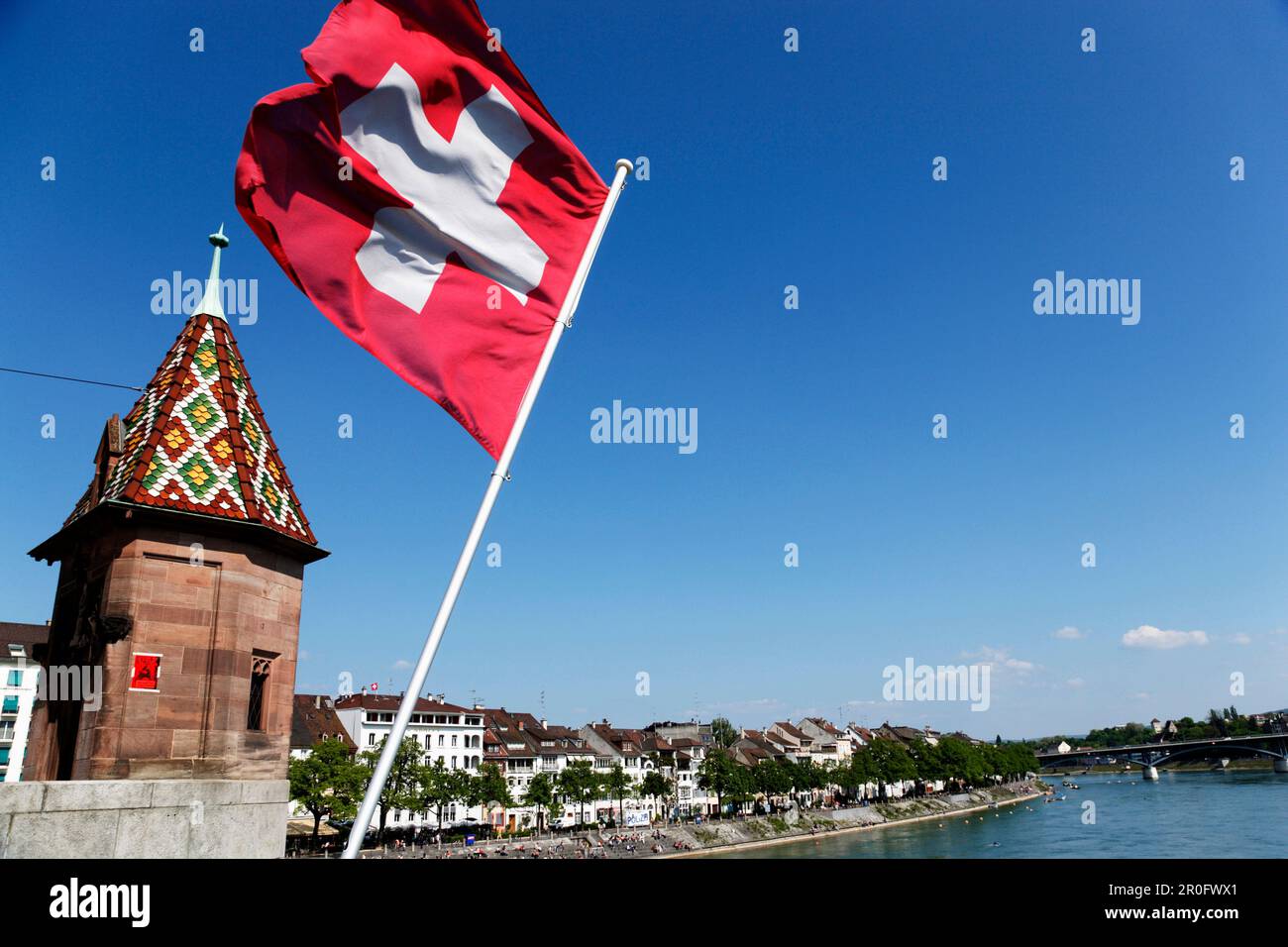 Bridge over the river Rhine and Swiss Flag, Mittlere Rheinbrücke, Basel ...