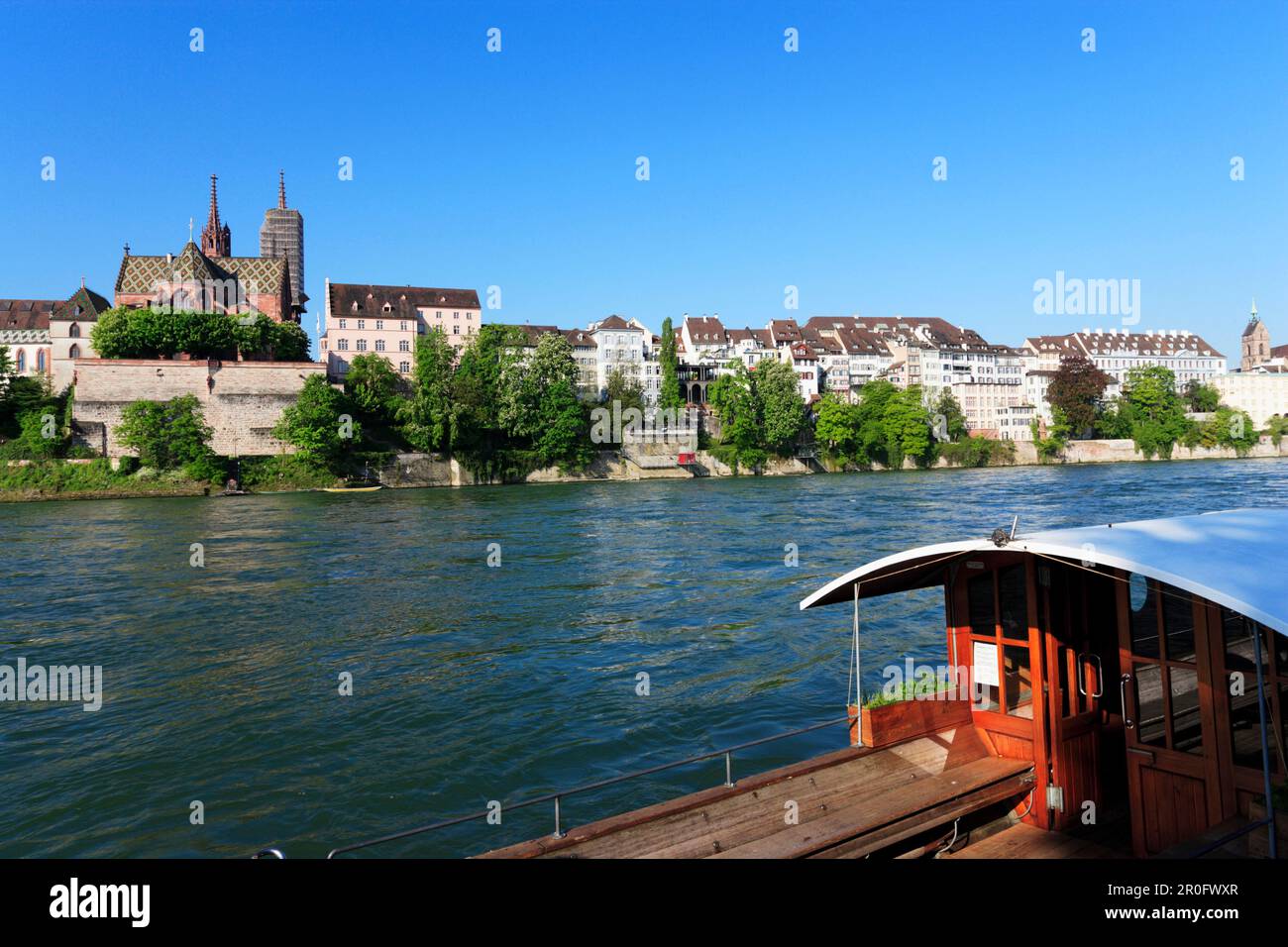 Passenger Ferry with cathedral, Basel Muenster in the background, Basel ...
