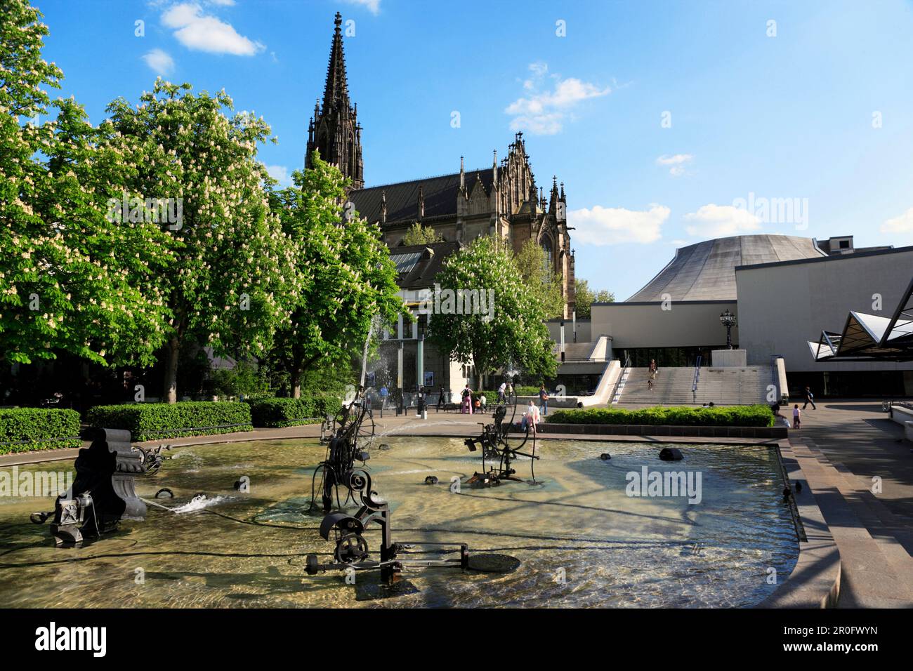 Fountain, Jean Tinguely Brunnen, with church, Katharinenkirche and ...