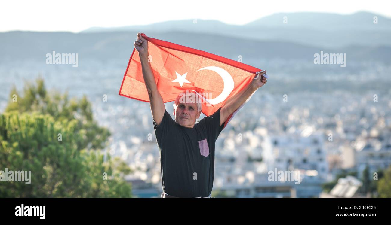 Patriotic senior man celebrates Turkish independence day with a ...
