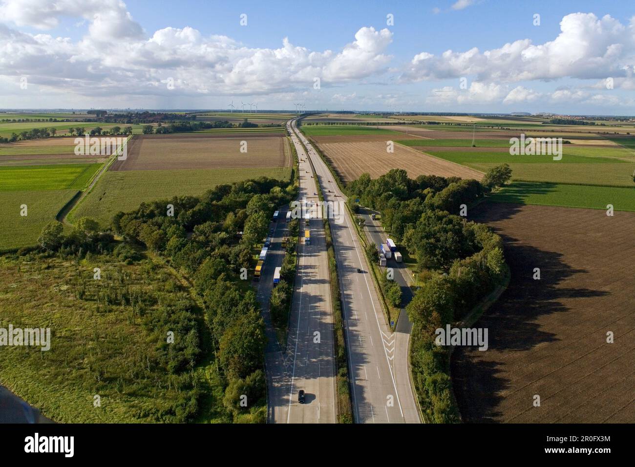 aerial of the autobahn A7, parking bay, near Hanover, Lower Saxony ...