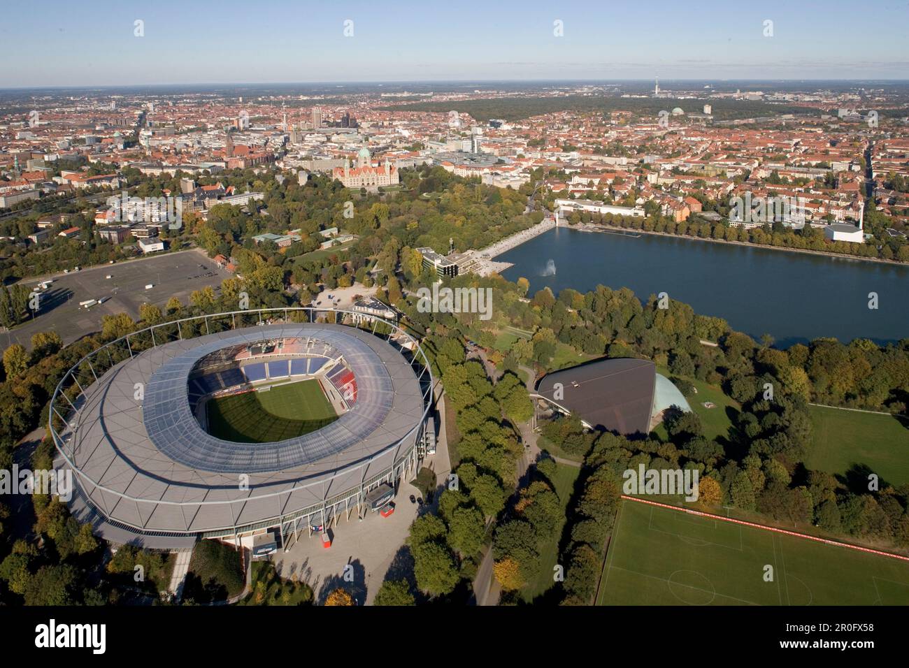 aerial panorama of Hanover city centre and New Town Hall, and the AWD ...