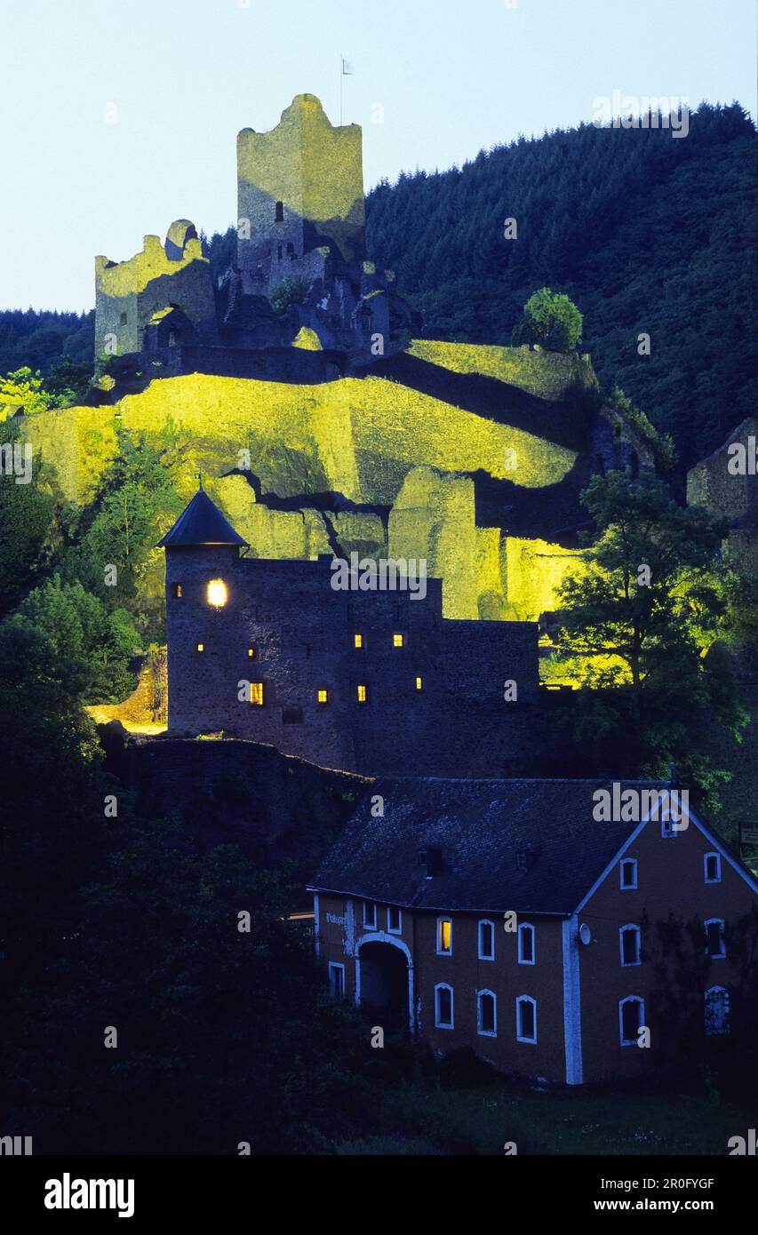Ruine of the lower castle at night, Manderscheid, Rhineland-Palatinate ...