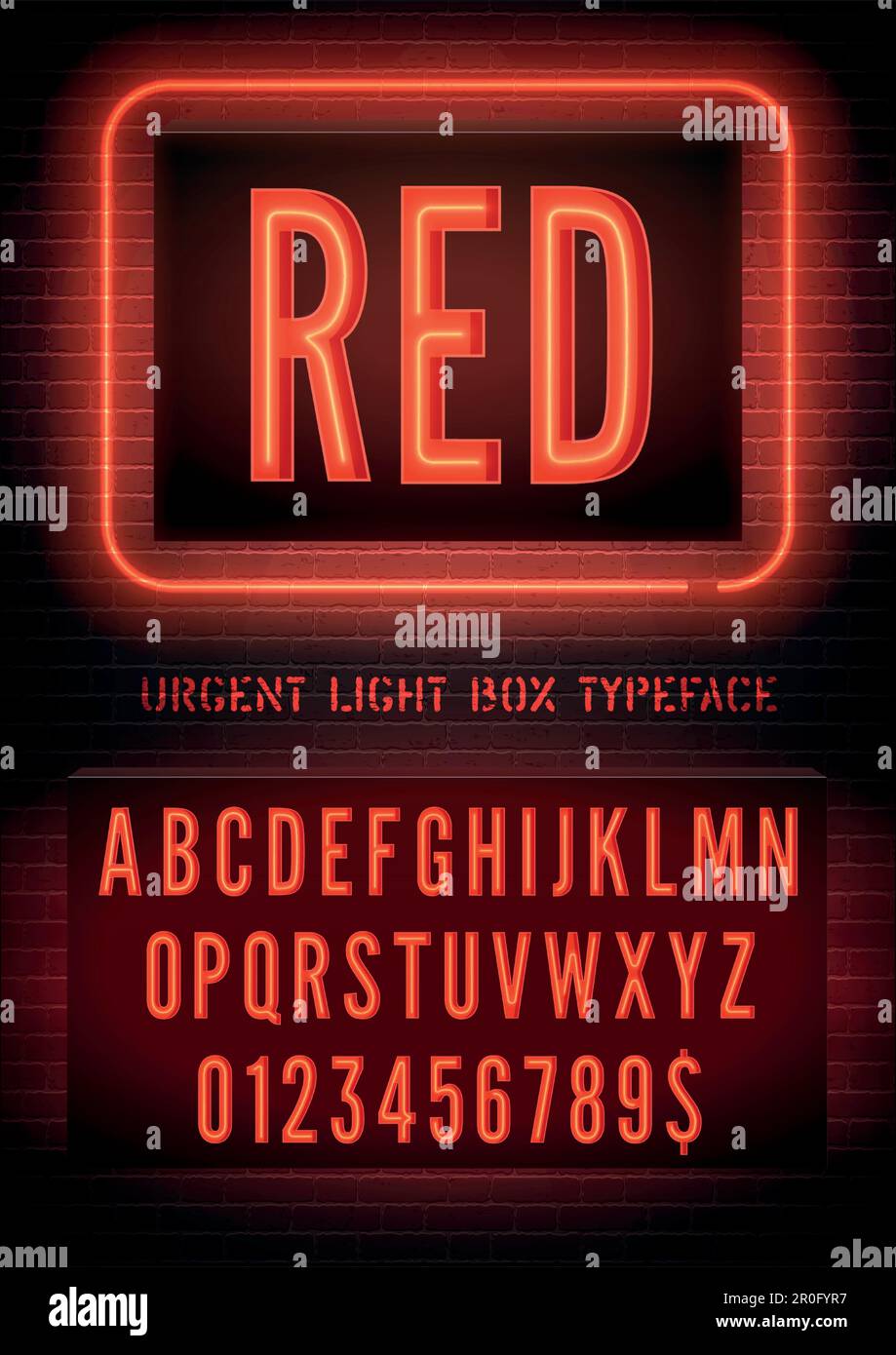 Red sign neon box font with numbers on vector dark brick background ...