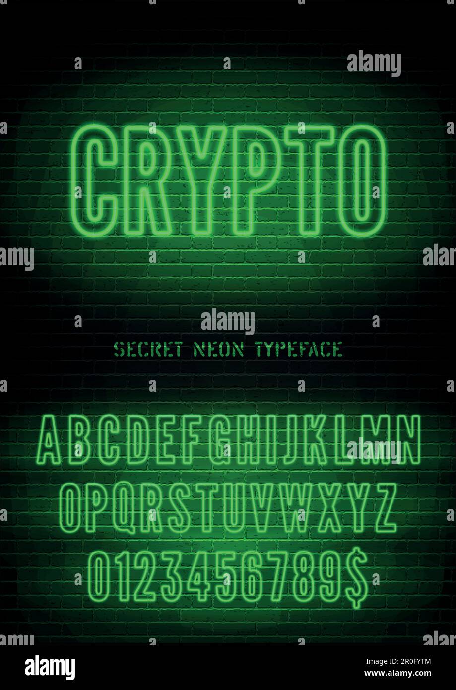 Crypto sign and green neon hollow font with numbers on vector dark ...