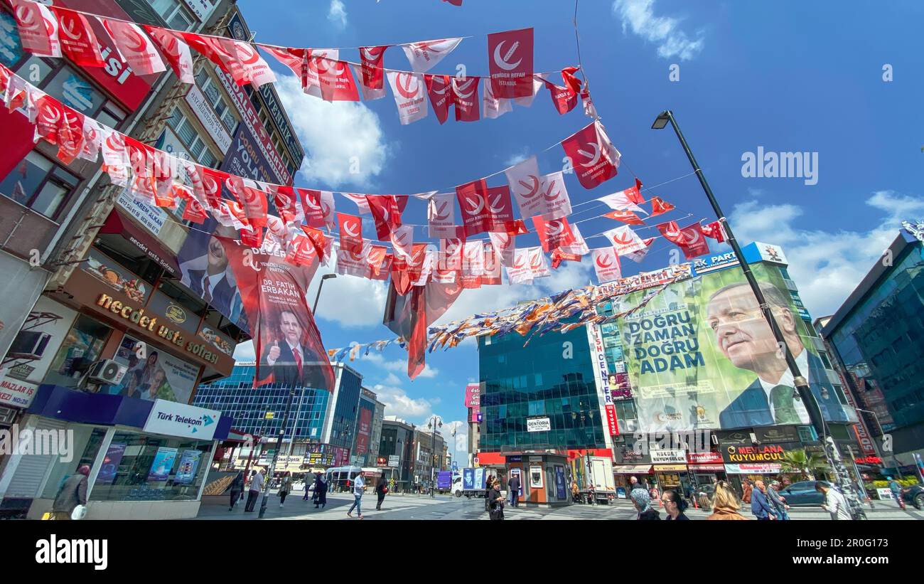 Gaziosmanpasa, Istanbul, Turkey - 08.May.2023: flags of New Welfare ...