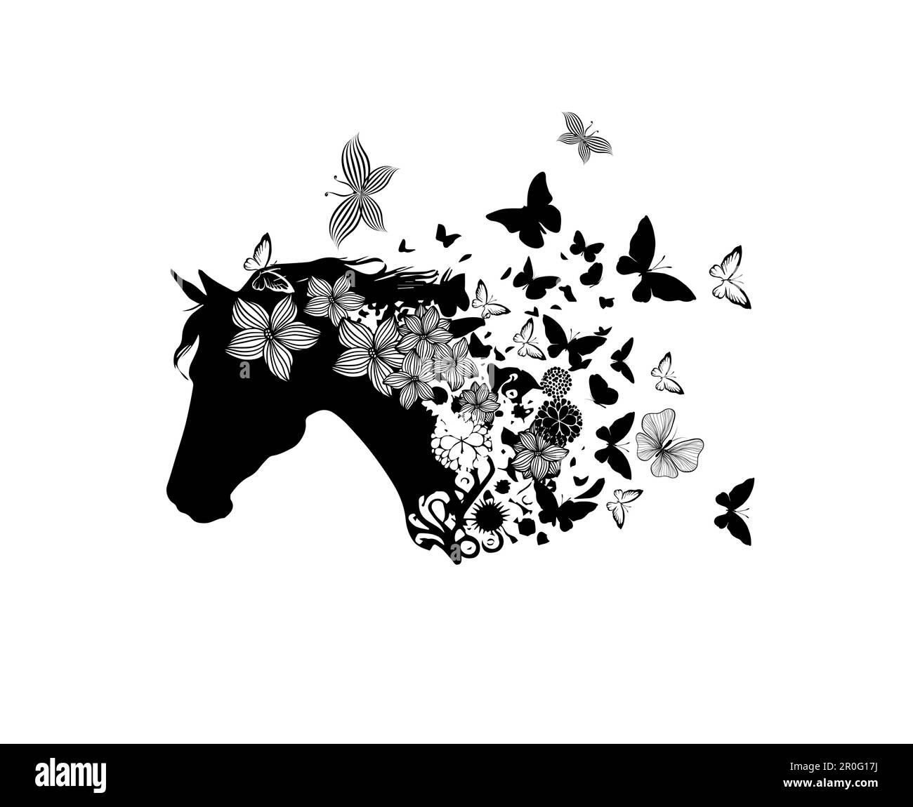 Horse head silhouette from flowers and butterflies. Vector illustration ...
