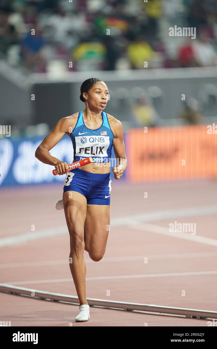 Allyson FELIX running the 4x400m mixed at the 2019 World Athletics ...