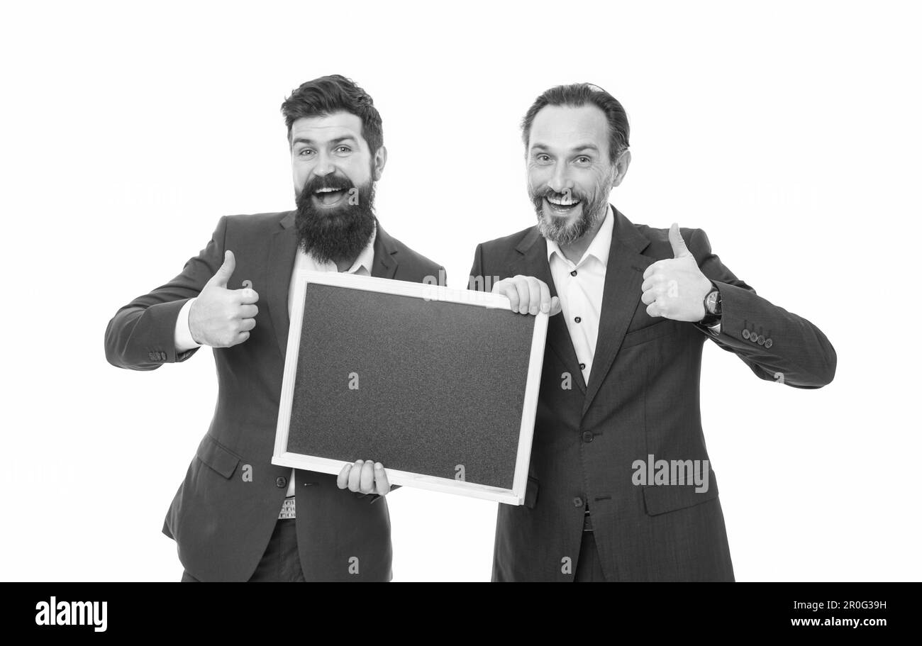 Super offer. Happy men give thumbs ups holding blackboard. Gesturing ...