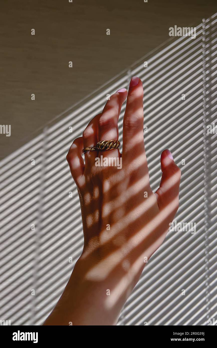 Female hand with pink nail polish and decorative rings in natural ...