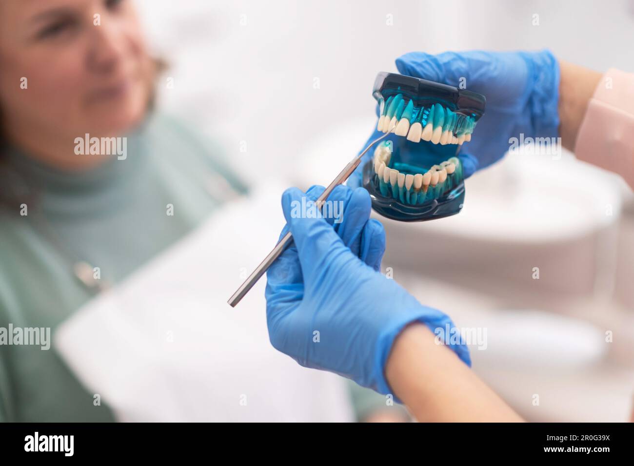 Dental consultation with teeth jaw model in dentist hand macro. talking ...