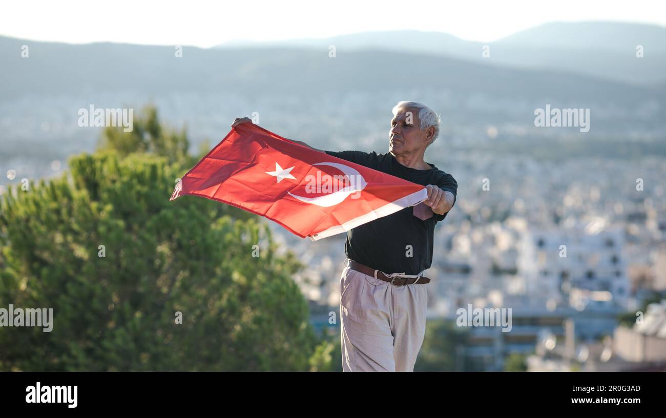 Patriotic senior man celebrates Turkish independence day with a ...