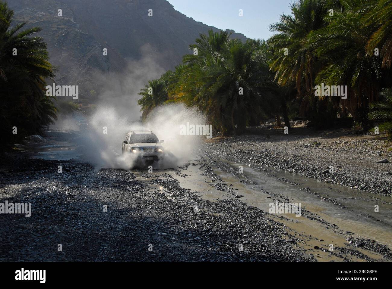 An all-terrain vehicle driving through a riverbed, Al Hajar mountains ...