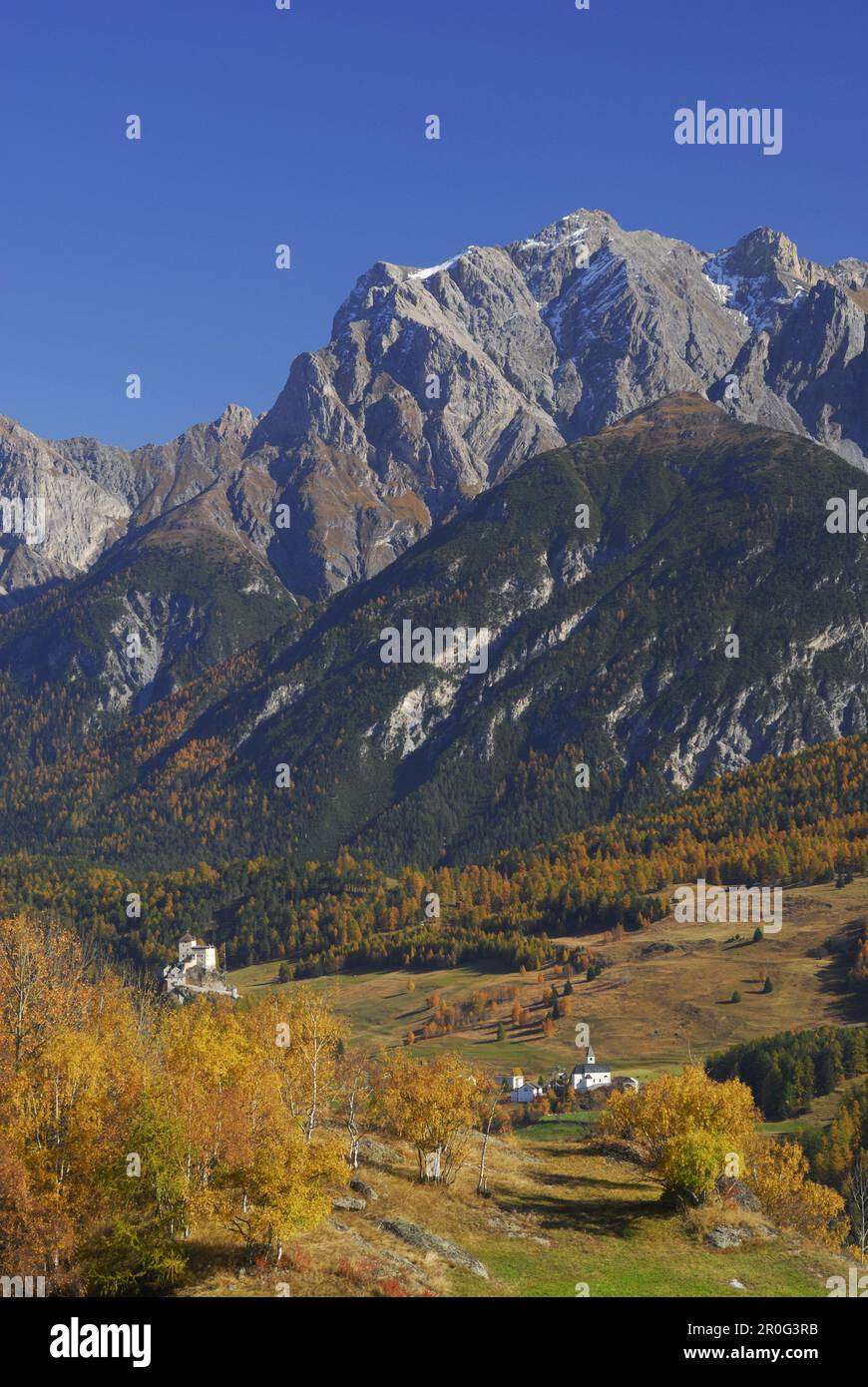 View to castle of Tarasp and Piz Lischana, Lower Engadin, Engadin ...