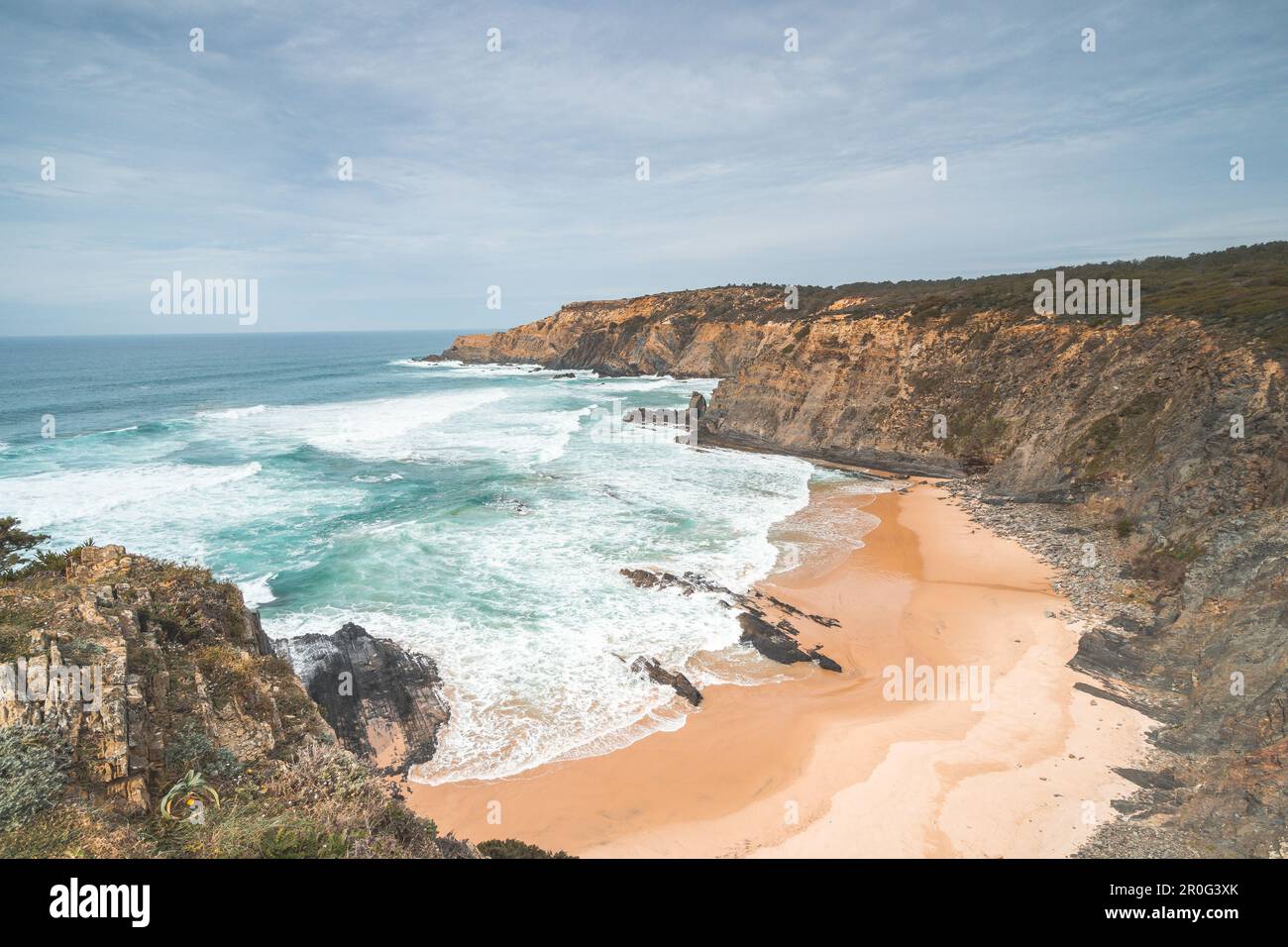 Rugged, unique rock and cliff coastline on the Atlantic Ocean in the ...