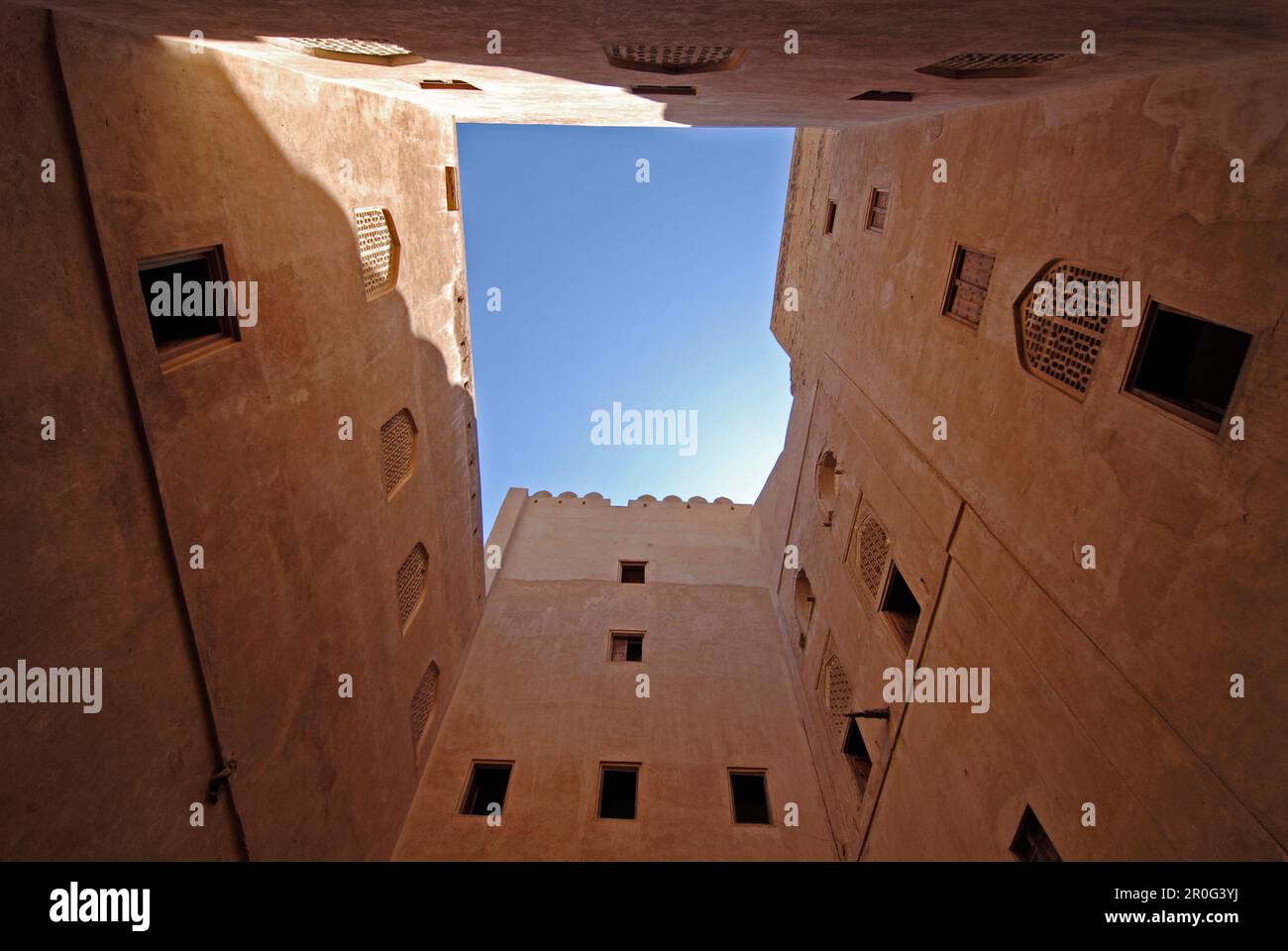 Low angle view from the courtyard of Fort Jabrin, Oman, Asia Stock ...