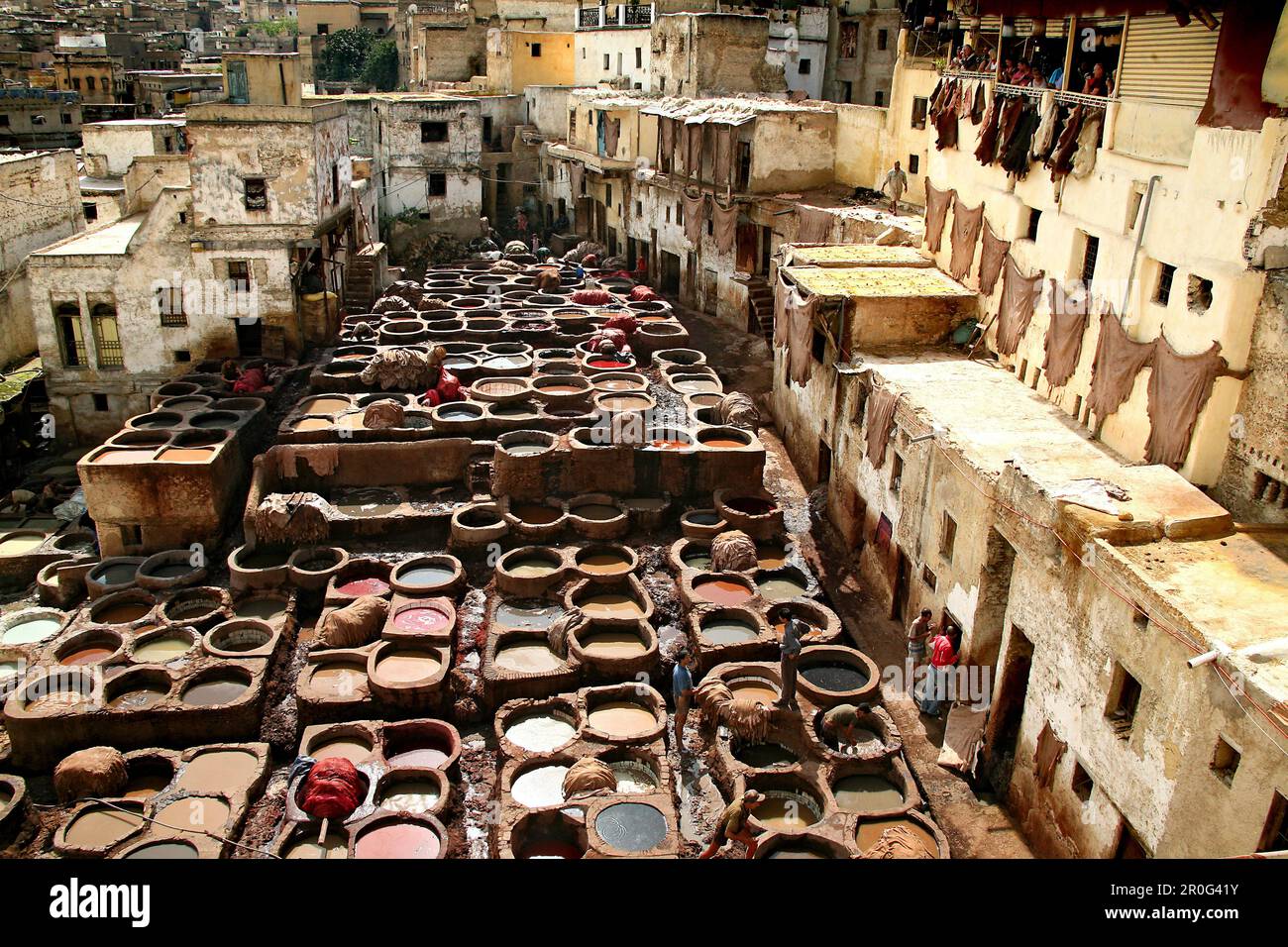 View at a tannery at Chouwara district at the medina of Fes, Morocco ...