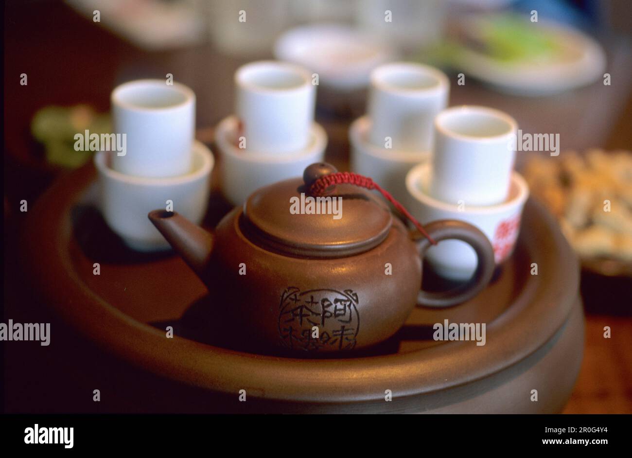 Tray with teapot and tea cups at a tea house in Chiufen, Taiwan, Asia ...