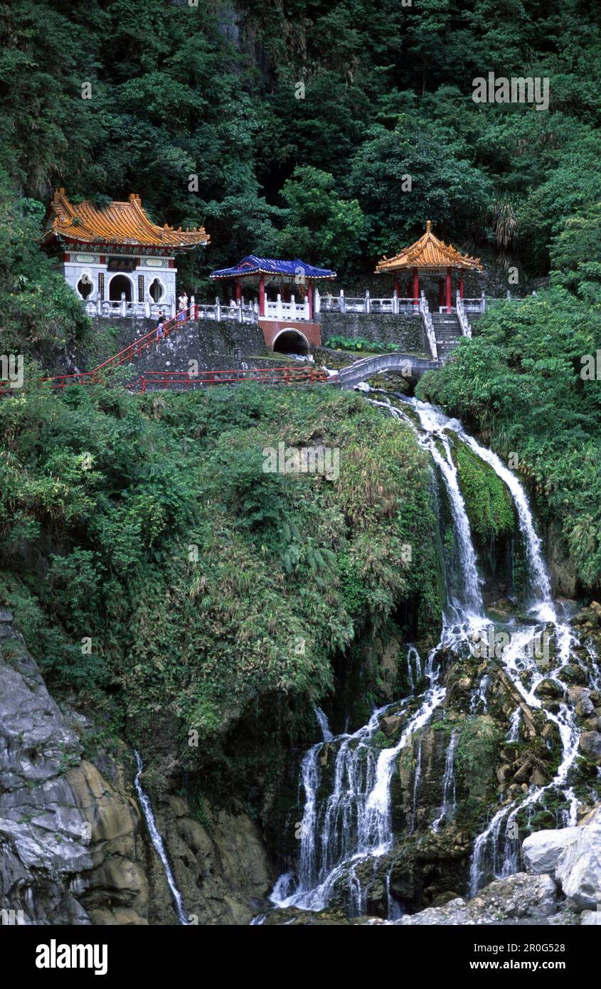 View at the Shrine of the Eternal Spring and a waterfall at the Taroko ...