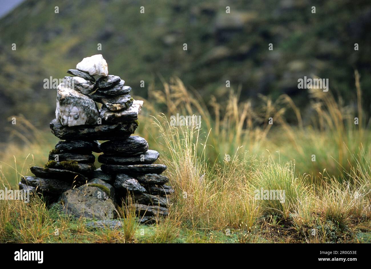 Cairn on the Rees Dart Track at upper Dart Valley, Mt. Aspiring ...