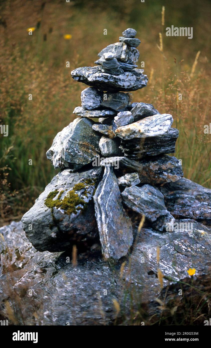 Cairn on the Rees Dart Track at upper Dart Valley, Mt. Aspiring ...