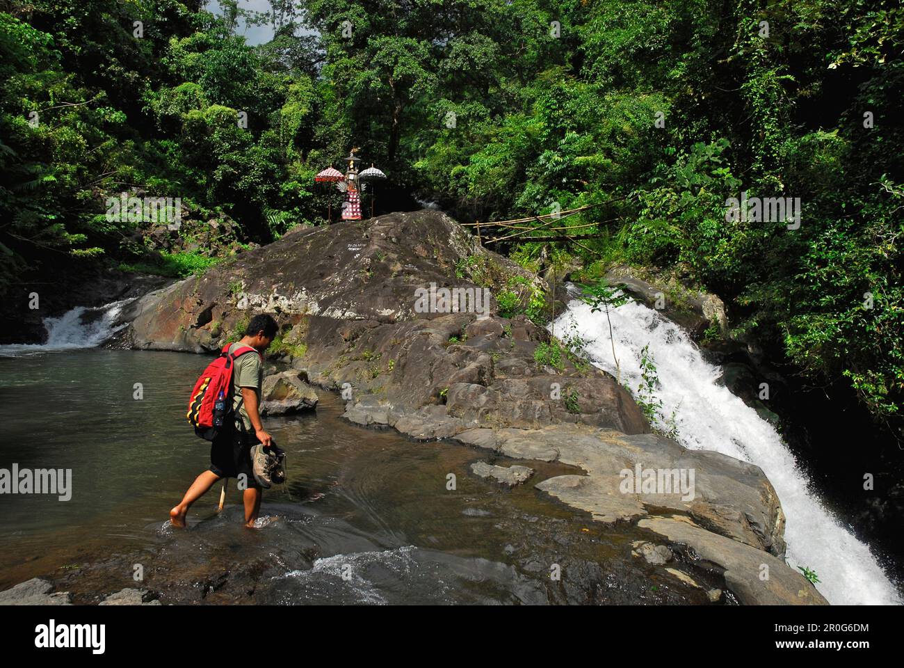 A man wading through a river near a waterfall, North Bali, Indonesia ...