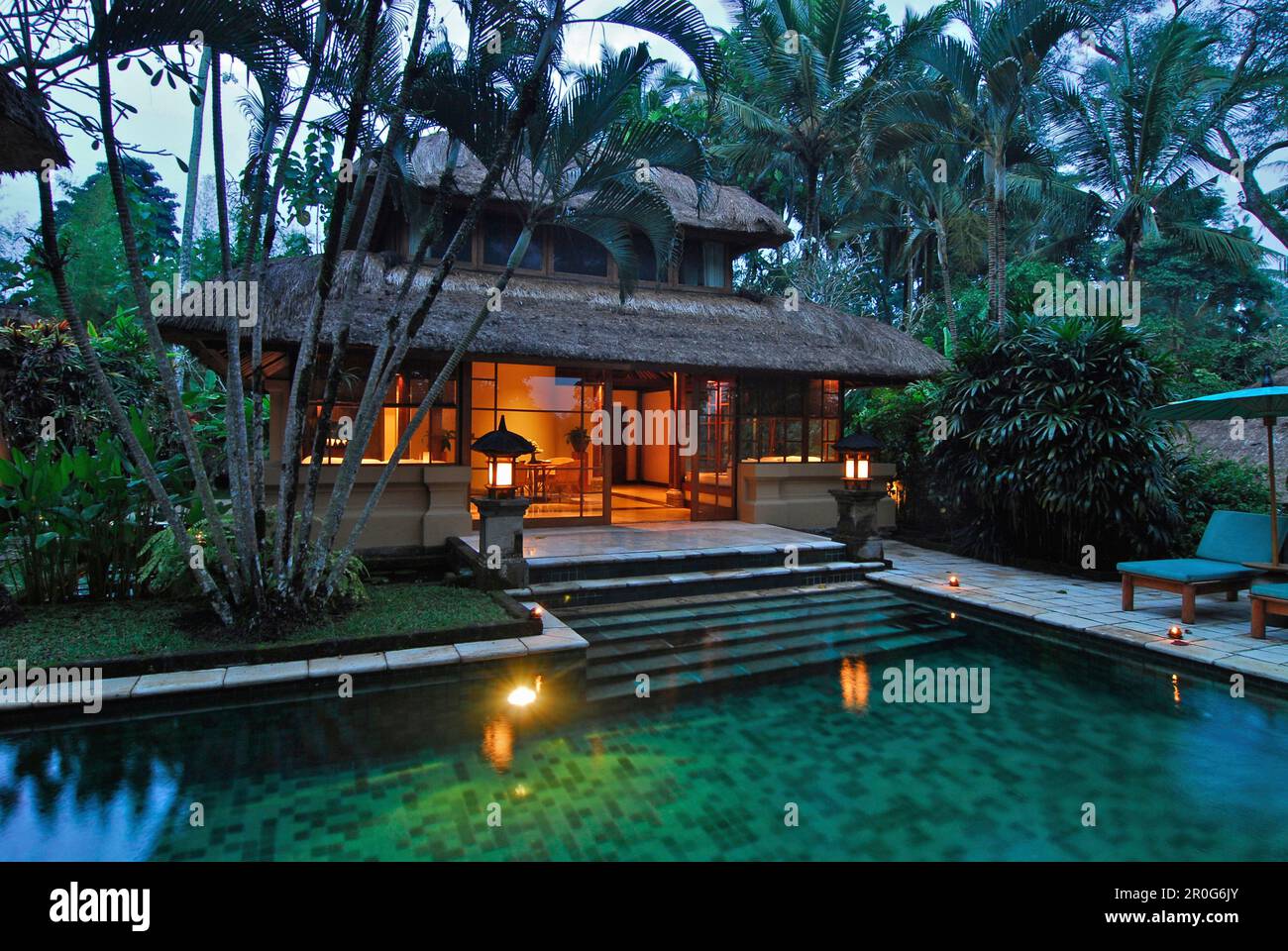 Pool in front of a bungalow at Amandari Resort in the evening, Yeh ...