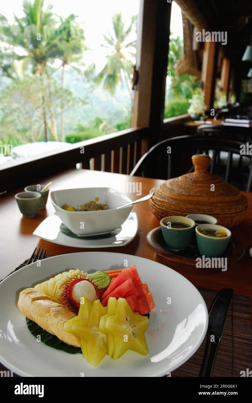 A table is laid at the window, breakfast at Amandari Resort, Yeh Agung ...
