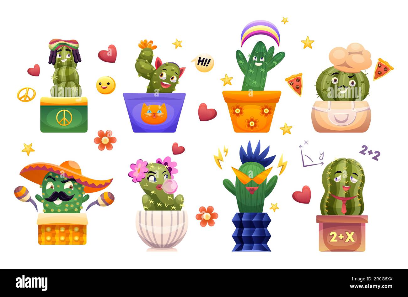 Set of emotional cacti. Funny Cactus with eyes, mouth and clothes ...