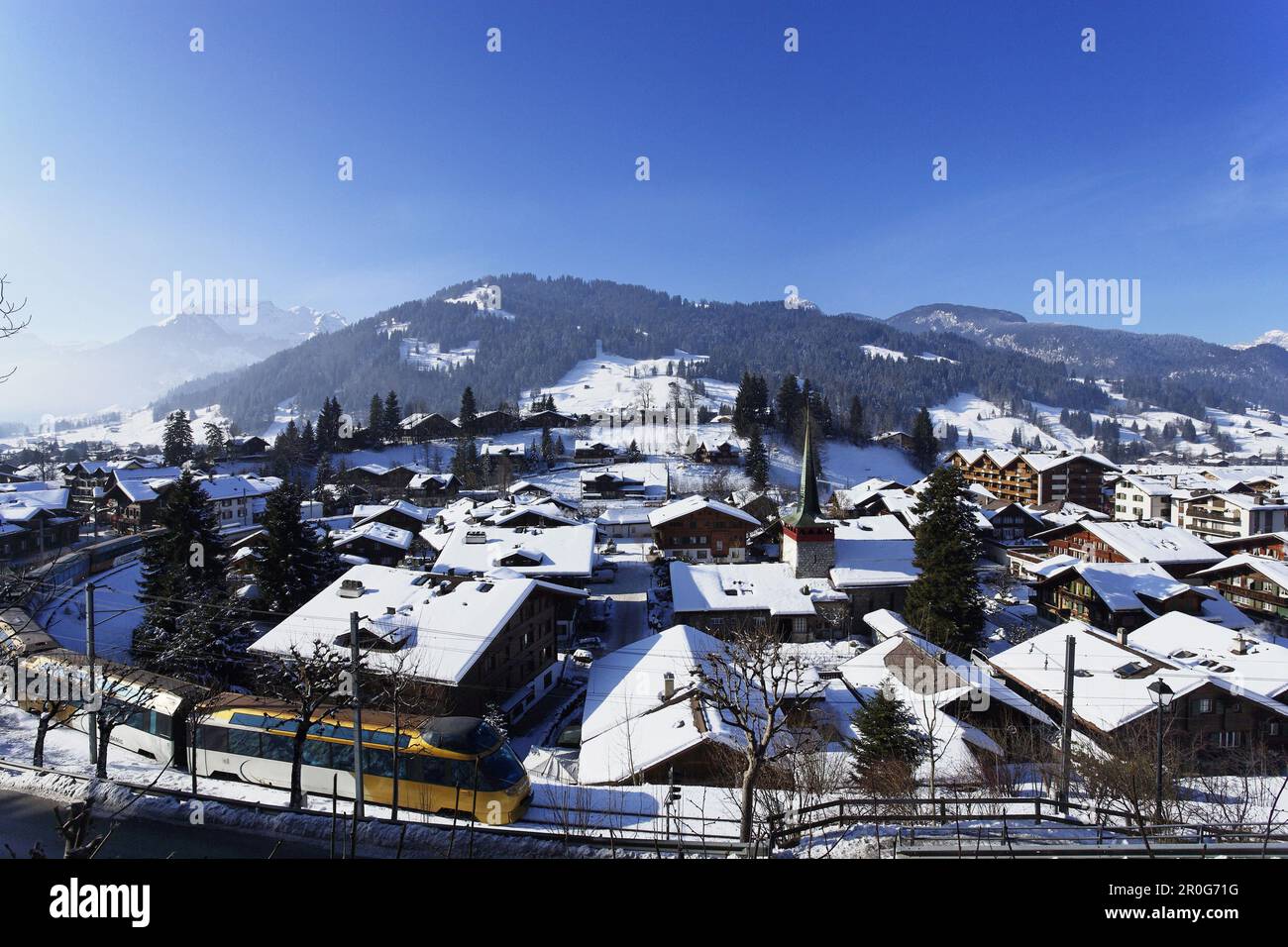 Golden Pass Panoramic Train passing Gstaad, Bernese Oberland, Canton of ...