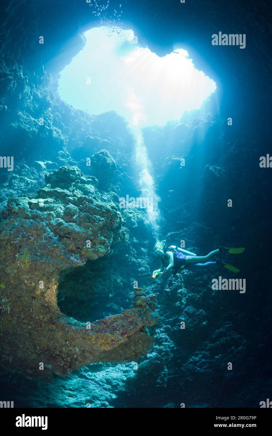Diver in Blue Hole Cave, Micronesia, Palau Stock Photo - Alamy