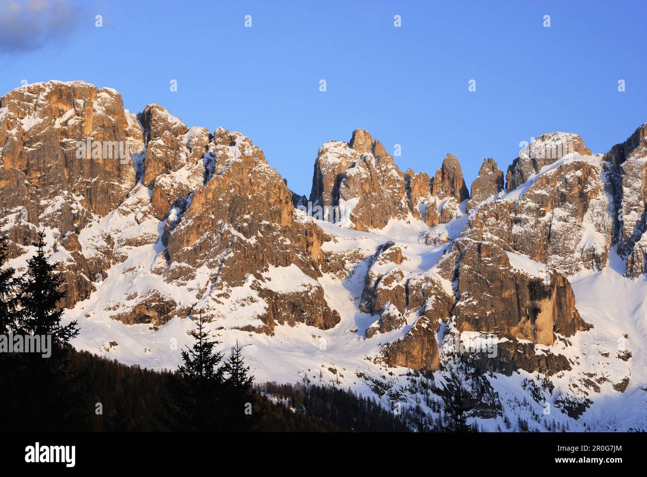 Rock faces in sunlight, Passo Valles, Pala range, Dolomites, Trentino ...