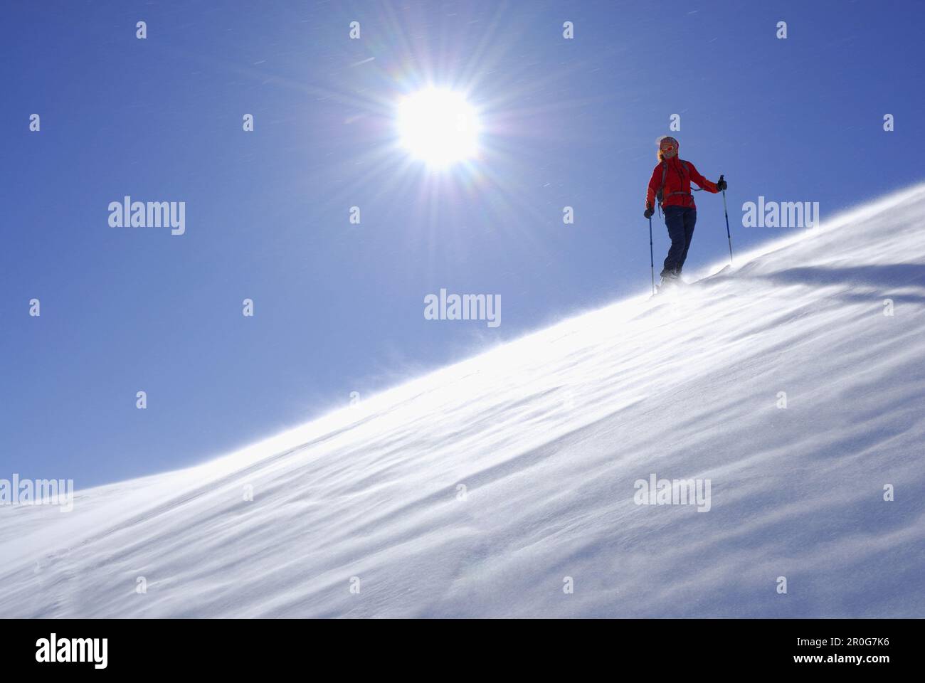 Backcountry skier on snow slope with spin drift, Grosser Gabler, valley ...