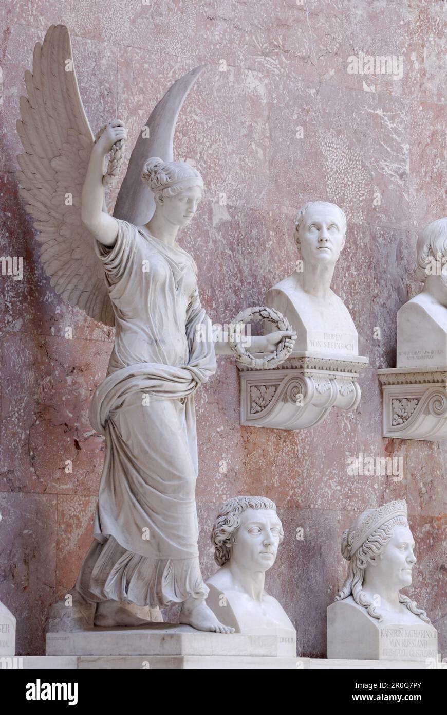 Angel statue and marble busts, Walhalla temple, Donaustauf, Upper ...