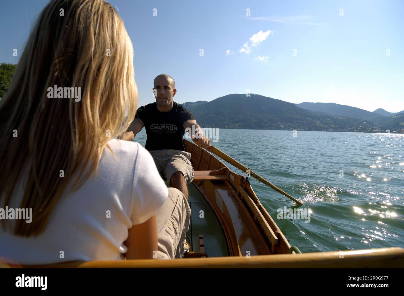 Couple in a rowing boat on Lake Tegernsee, Upper Bavaria, Bavaria ...