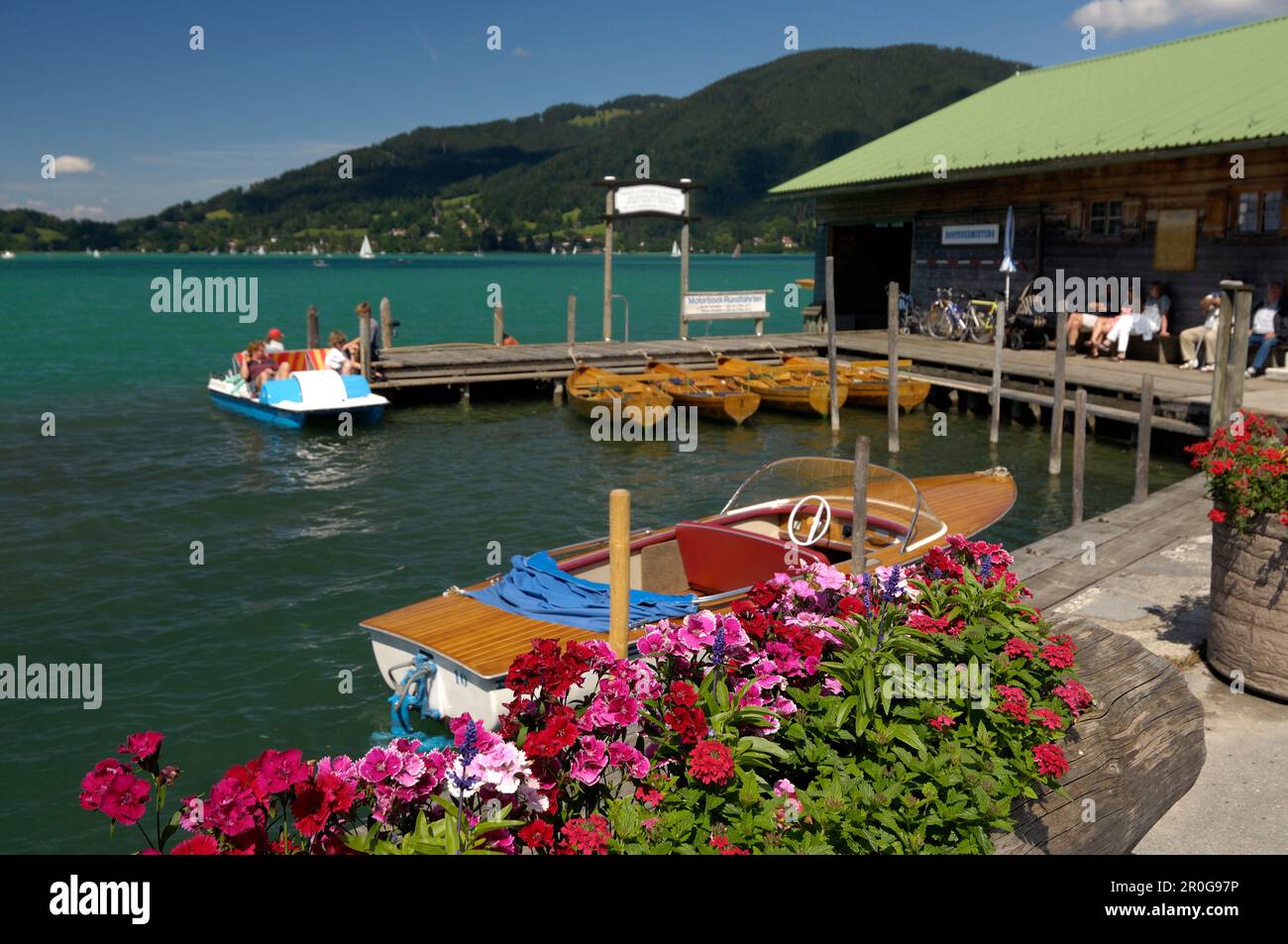 Boat hire with wooden pier, Lake Tegernsee, Upper Bavaria, Bavaria ...