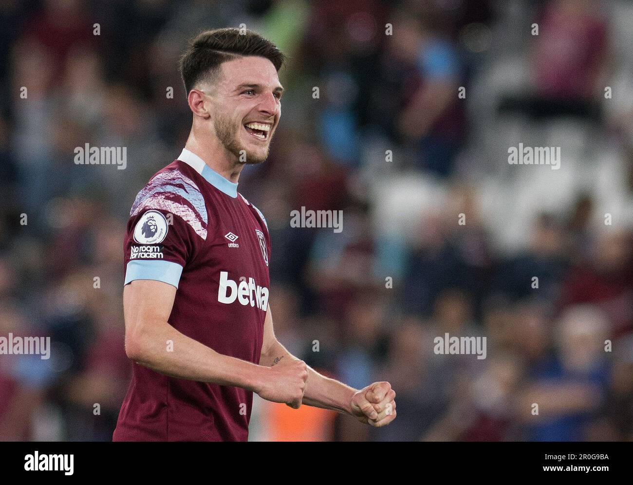 London, UK. 07th May, 2023. Declan Rice of West Ham Utd celebrates his ...