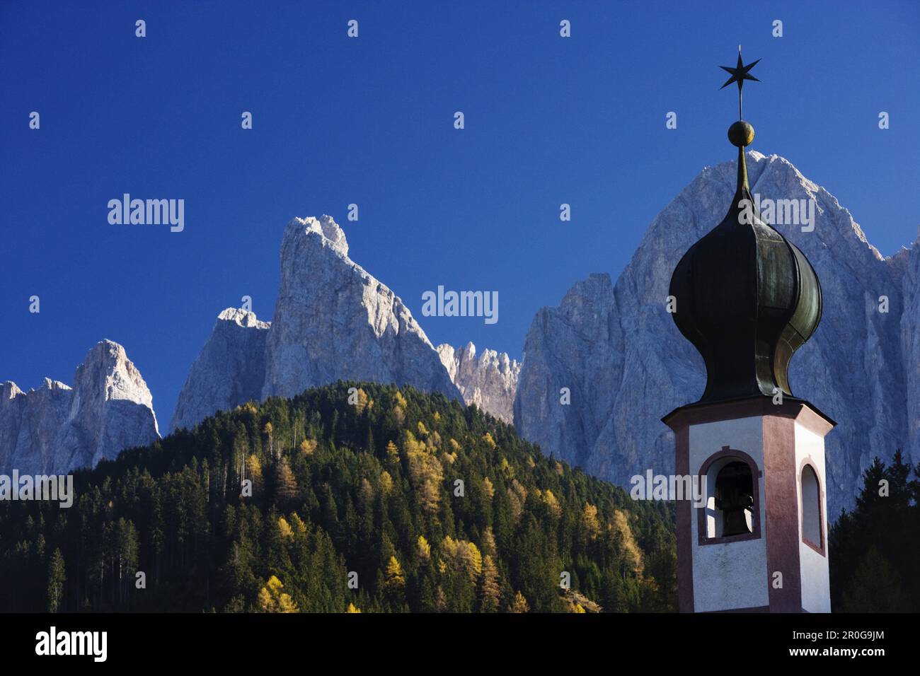 St. Johann in Ranui and Geisler range, Villnoess Valley, Trentino-Alto ...