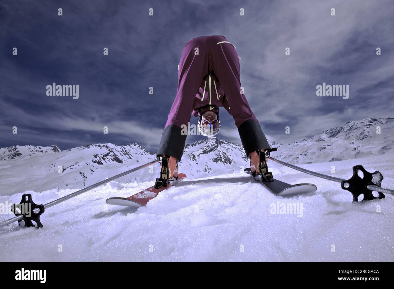 Female skier looking through legs, Kappl, Tyrol, Austria Stock Photo ...