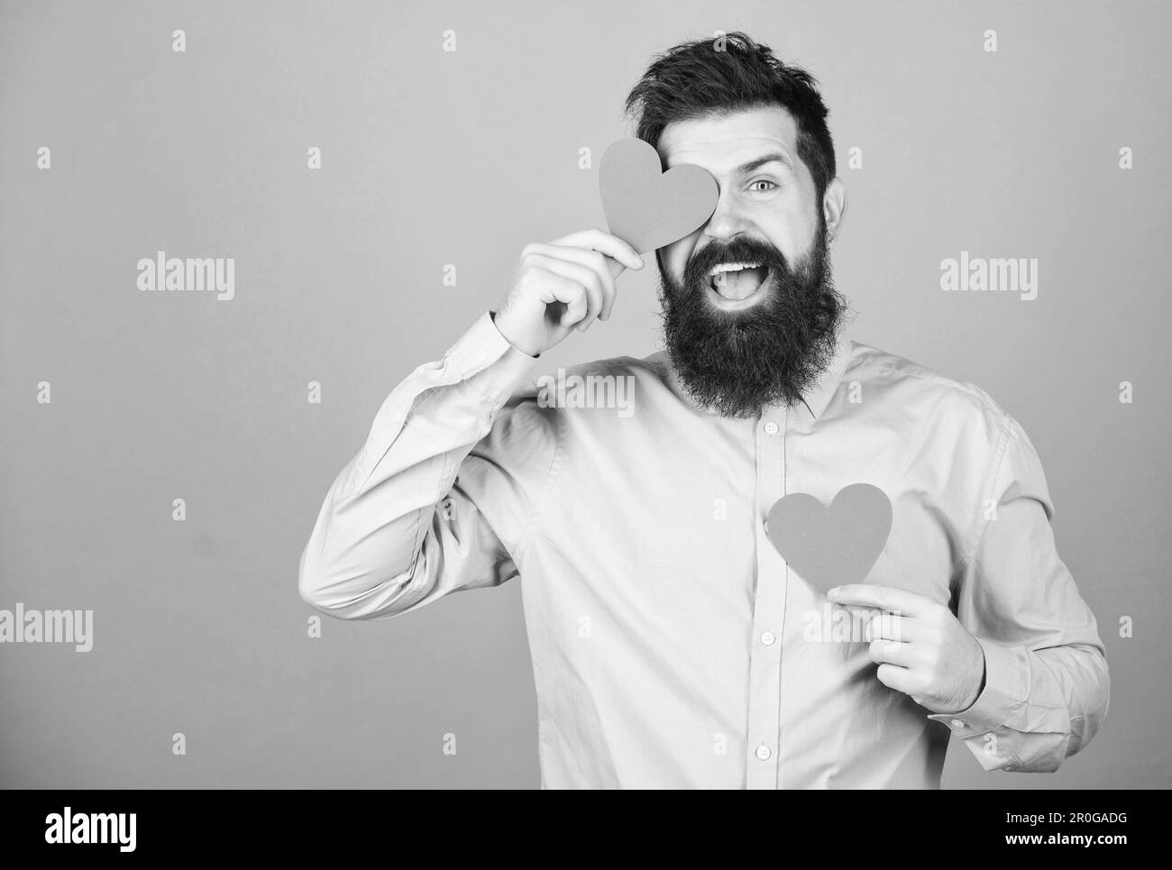 Man Bearded Hipster With Heart Valentine Card Celebrate Love Guy Attractive With Beard And