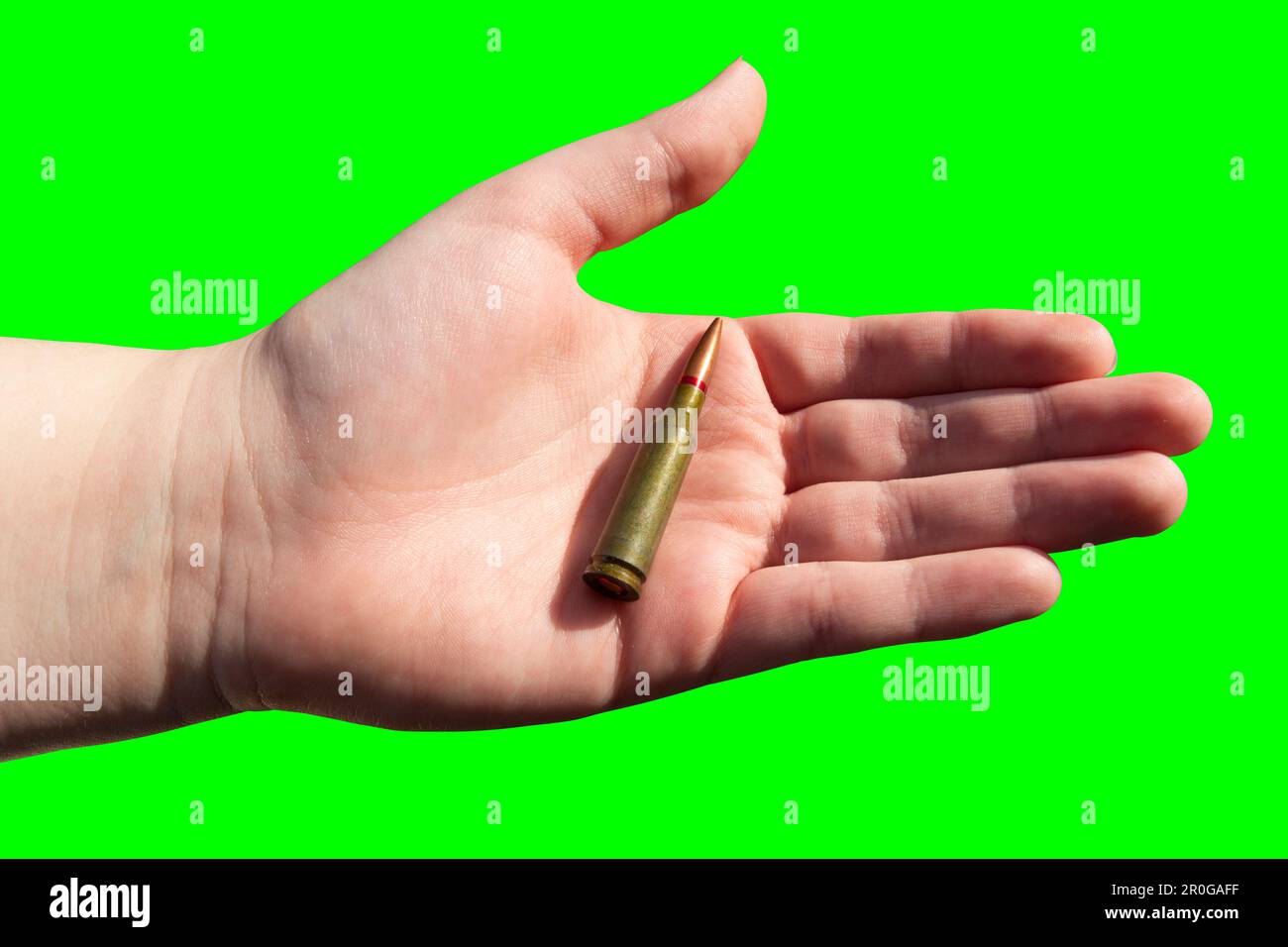 Rifle cartridge in hand on a green background (chroma key). Close-up ...