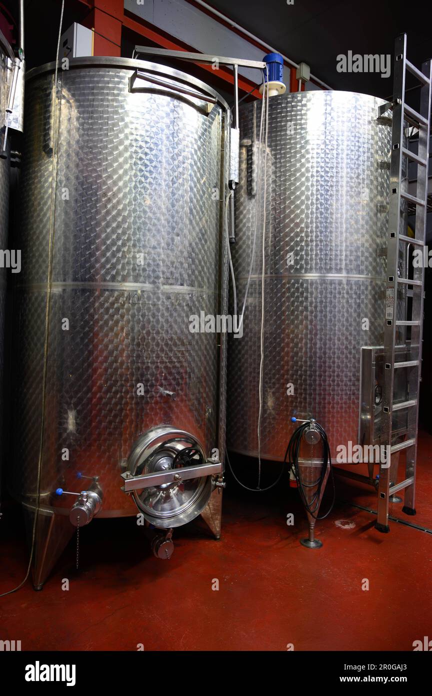 Modern bio wine production factory in Italy, inox steel tanks used for ...