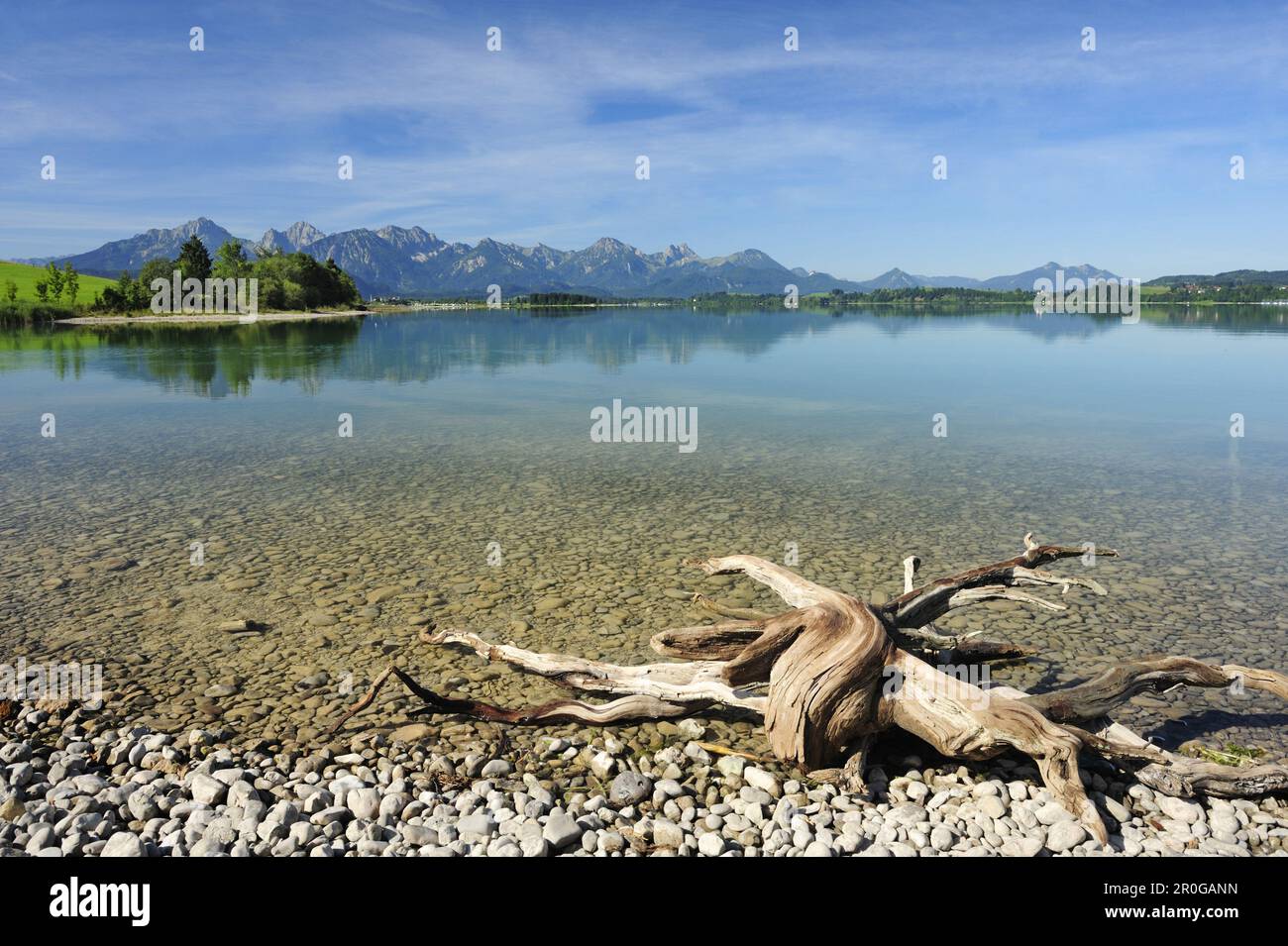 Lake Forggensee with Tannheim range in background, Allgaeu, Bavaria ...
