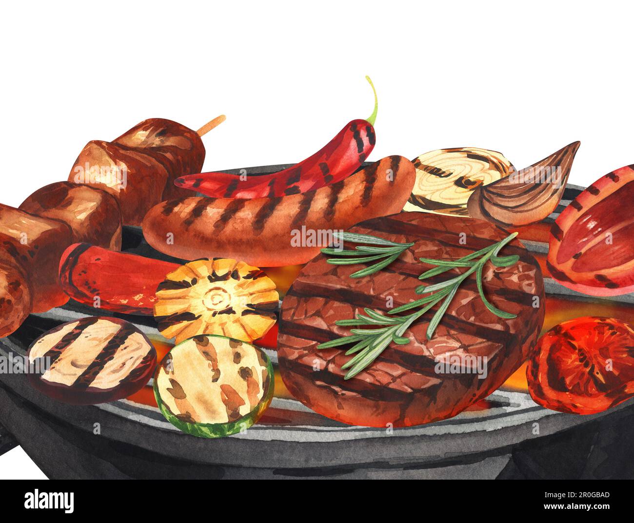 Watercolor barbecue meat, bbq steak beef, vegetable slices and black ...