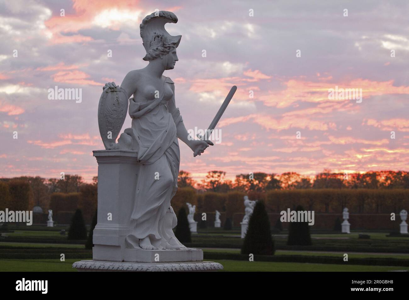Minerva sculpture in dusk, Great Garden, Herrenhausen Gardens, Hanover ...