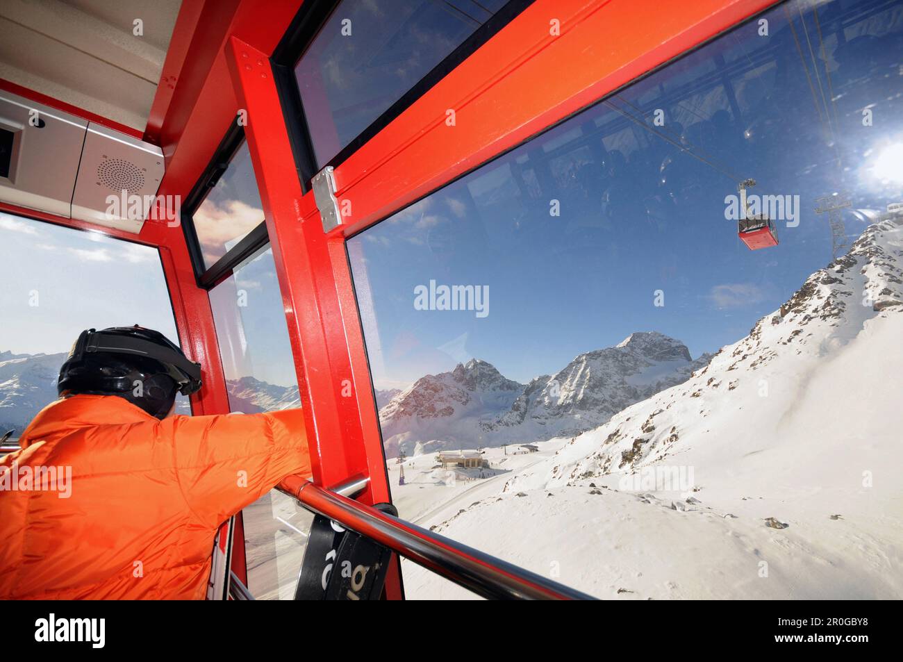Overhead cable car to Piz Nair, ski area Corviglia, St. Moritz, Engadin ...