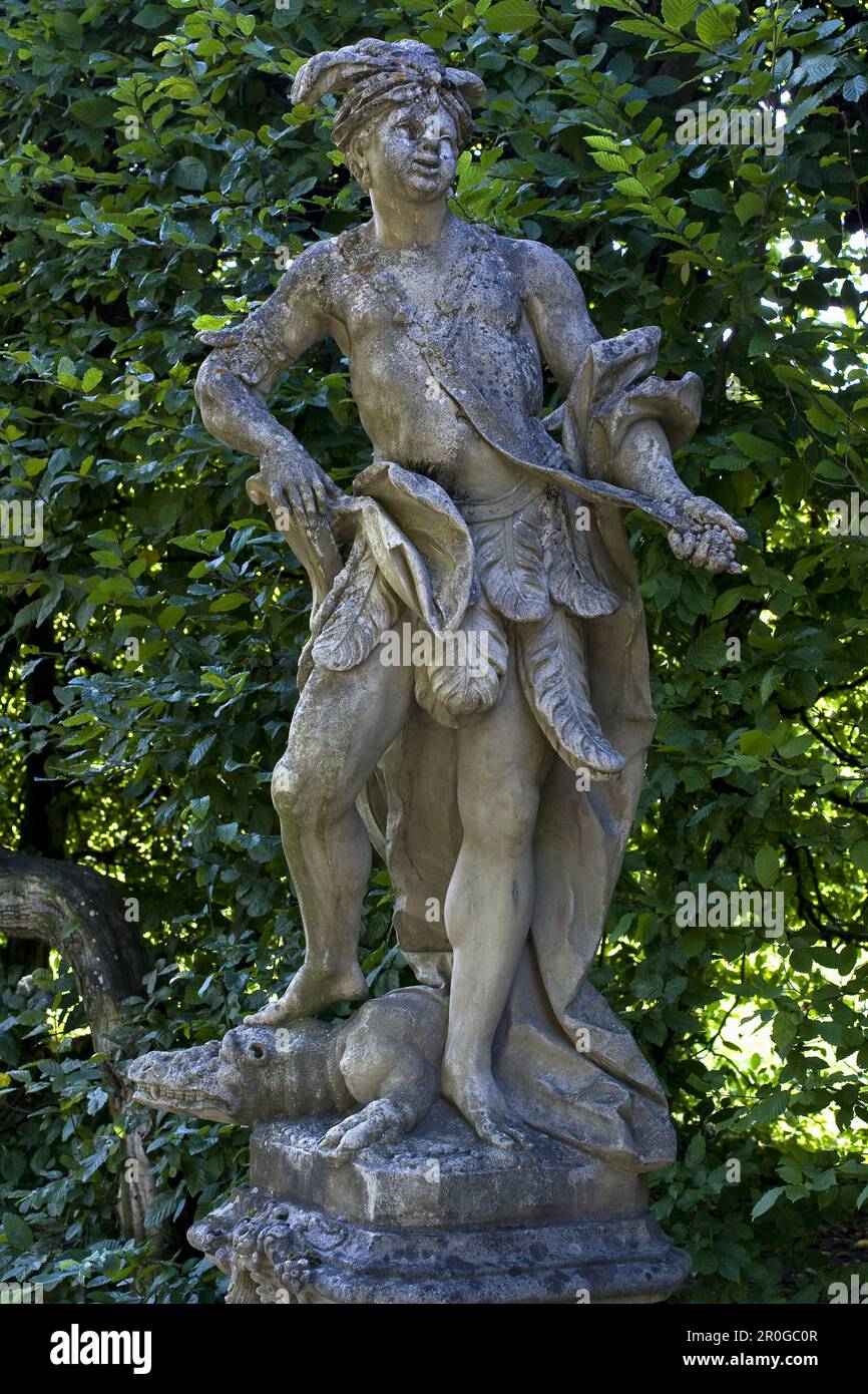 Sculpture in the Rococo garden of Veitshoechheim castle, near Würzburg ...