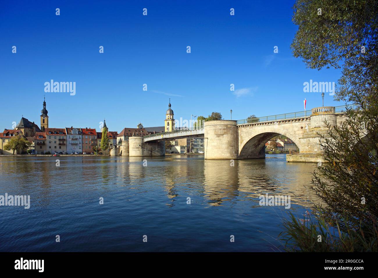 View over Main river with Old Main Bridge, Kitzingen, Franconia ...