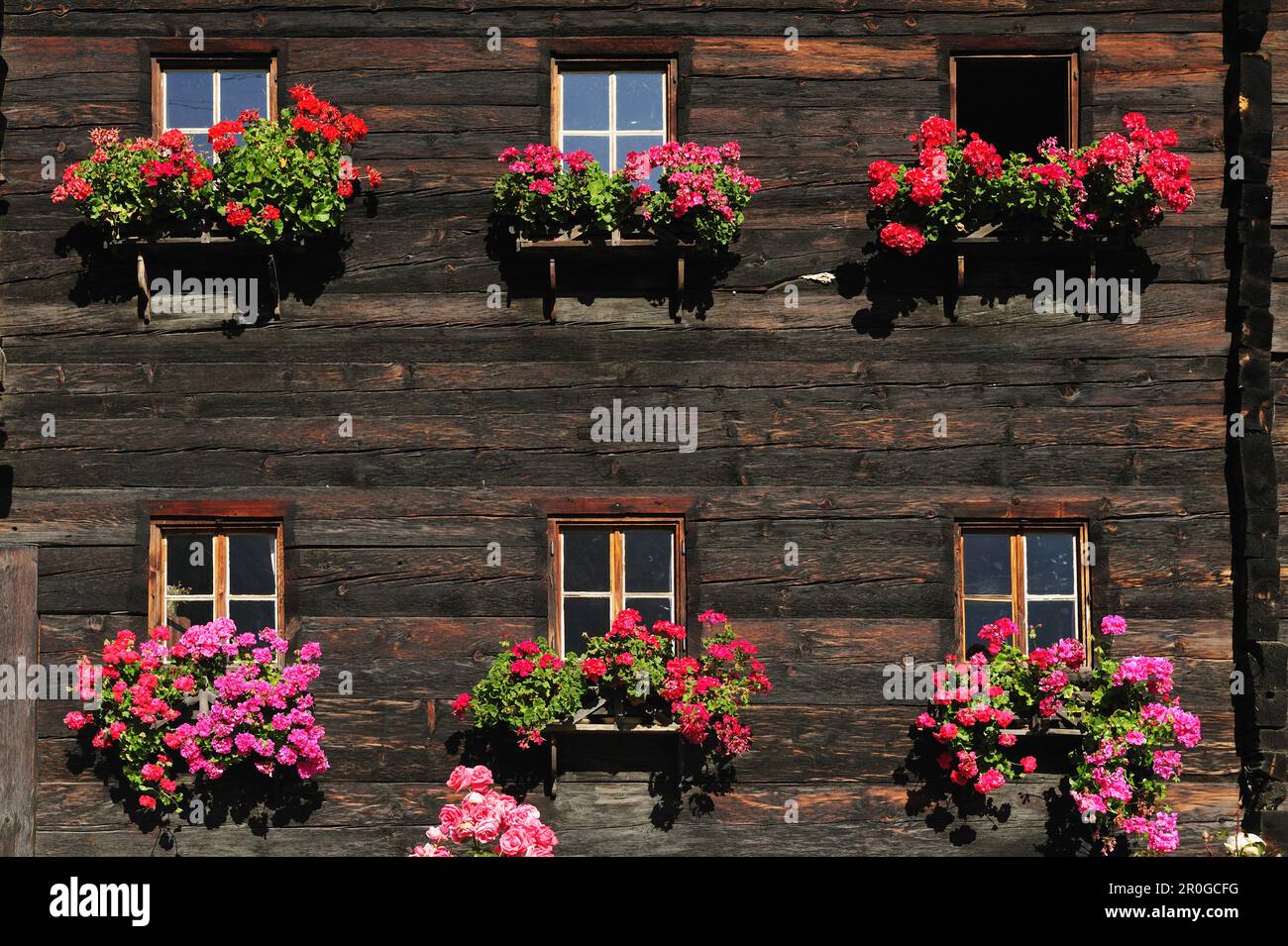 Farm house with flower boxes, Vinschgau, Austria, South Tyrol, Italy ...