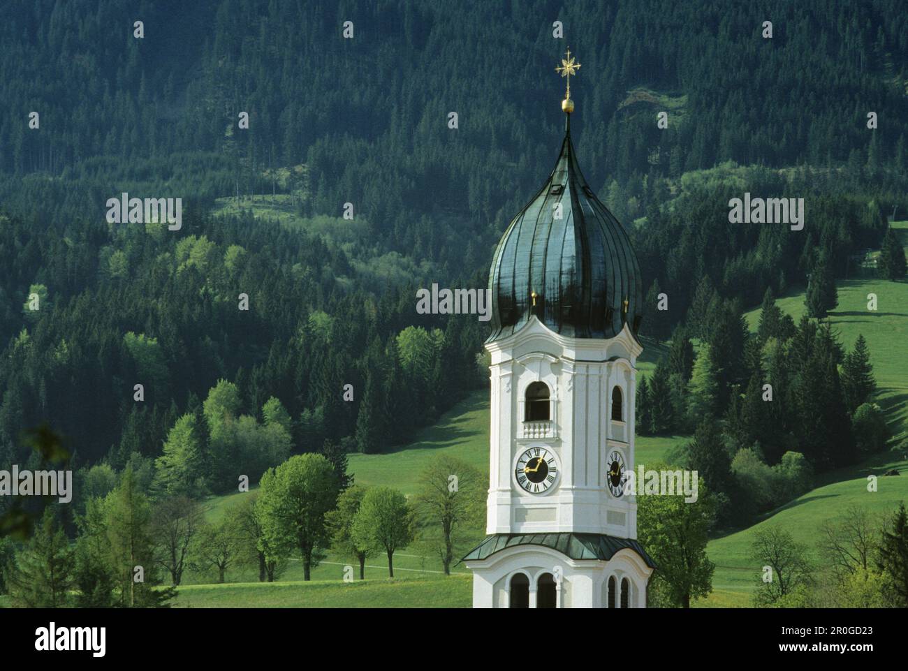 Church steeple of St. Andreas parish church, Nesselwang, Allgaeu ...